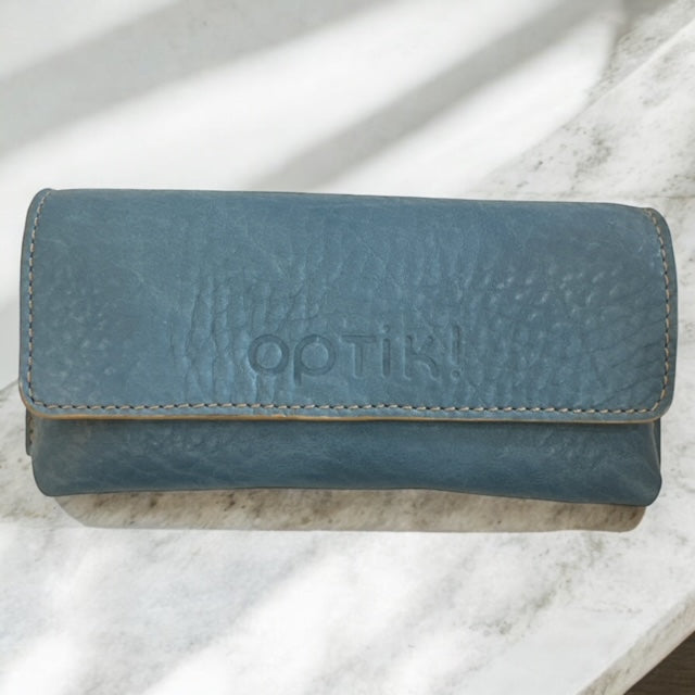 OPTIK! case medium in blue/tan 100% real leather– Optik! European Eyewear
